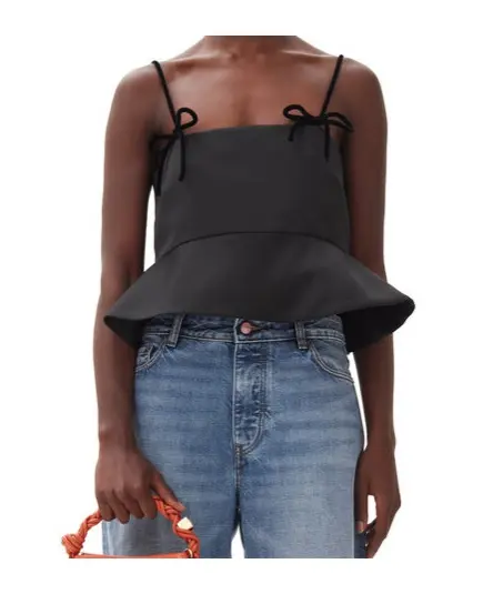 GANNI Duchesse Satin Peplum Top With Bow Shoulder Straps