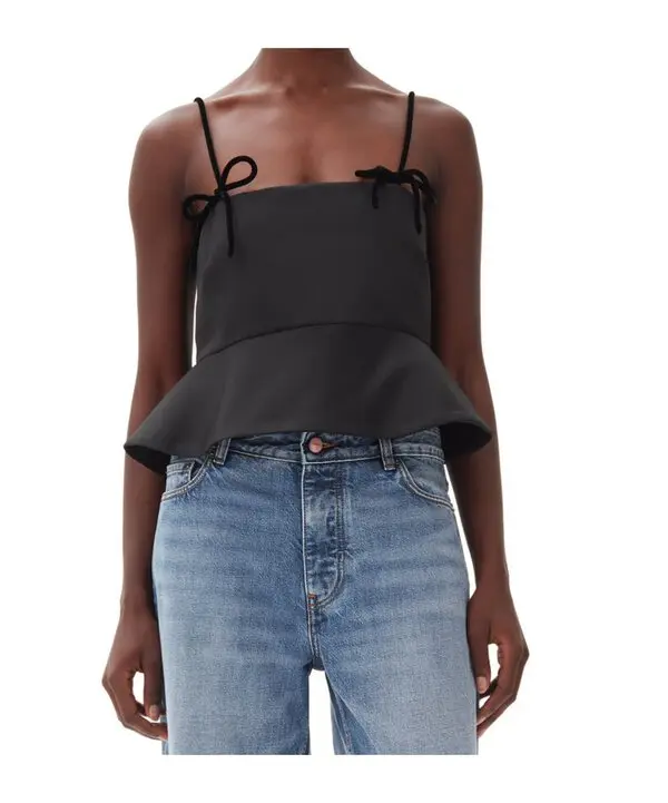 GANNI Duchesse Satin Peplum Top With Bow Shoulder Straps