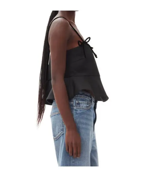 GANNI Duchesse Satin Peplum Top With Bow Shoulder Straps