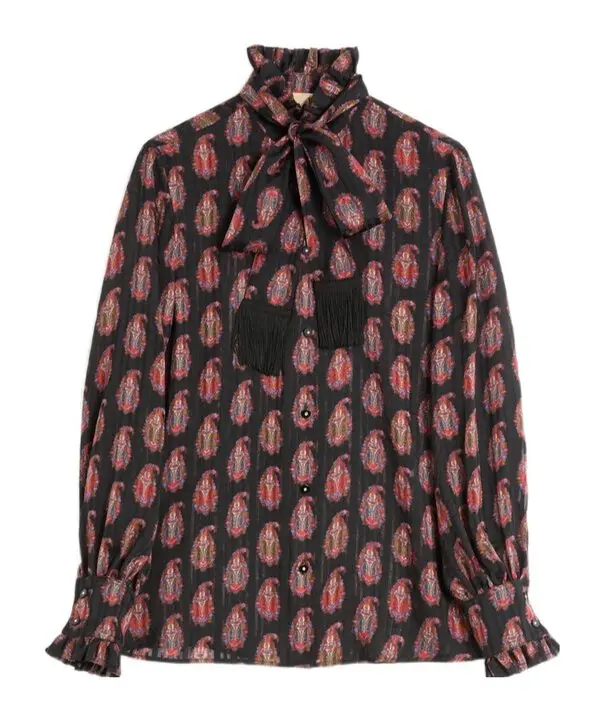 Valentino Garavani Printed Long Sleeve Blouse With Scarf Detail And Fringe - Black