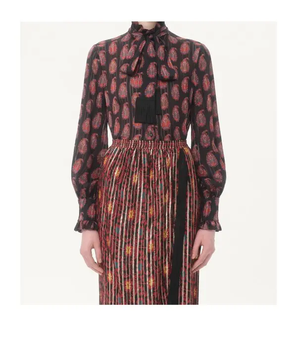Valentino Garavani Printed Long Sleeve Blouse With Scarf Detail And Fringe