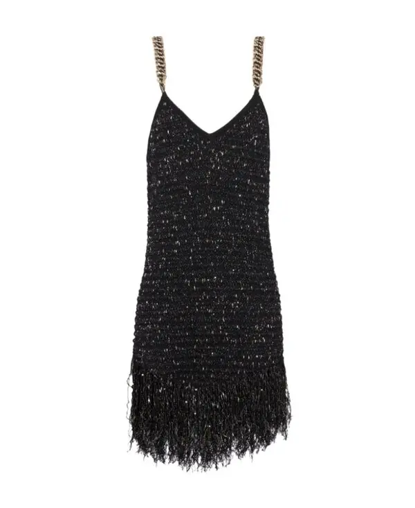 Balmain Chain Strap Lurex Tweed Mini Dress With Fringed Hem