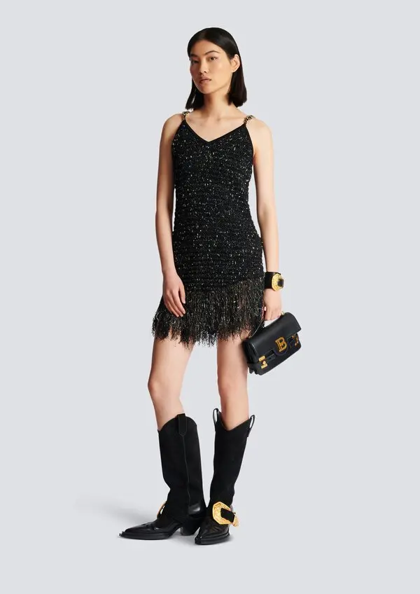 Balmain Chain Strap Lurex Tweed Mini Dress With Fringed Hem