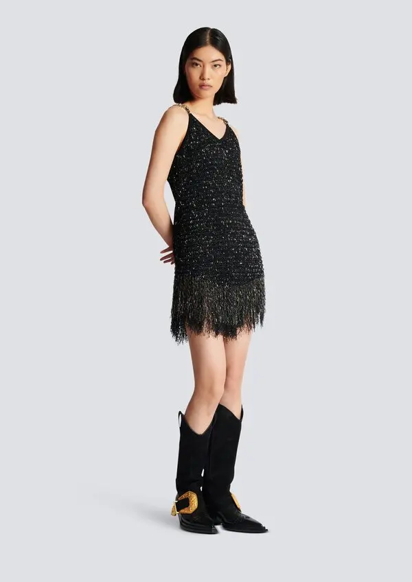 Balmain Chain Strap Lurex Tweed Mini Dress With Fringed Hem