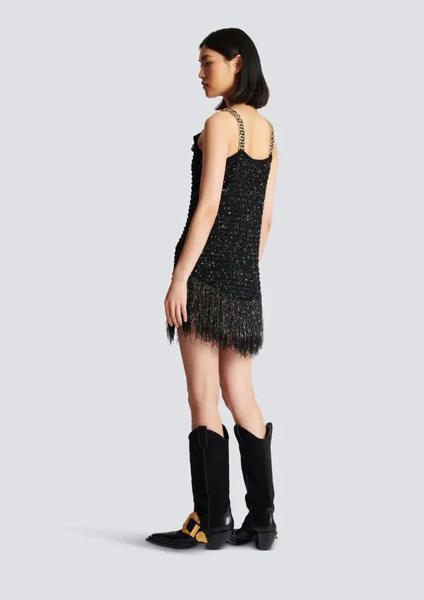 Balmain Chain Strap Lurex Tweed Mini Dress With Fringed Hem
