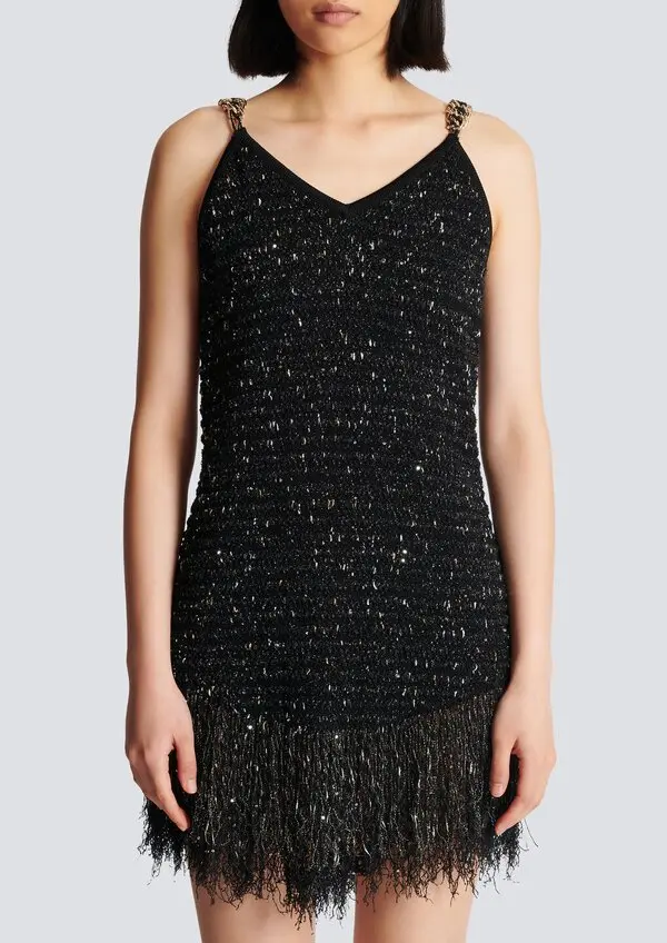 Balmain Chain Strap Lurex Tweed Mini Dress With Fringed Hem