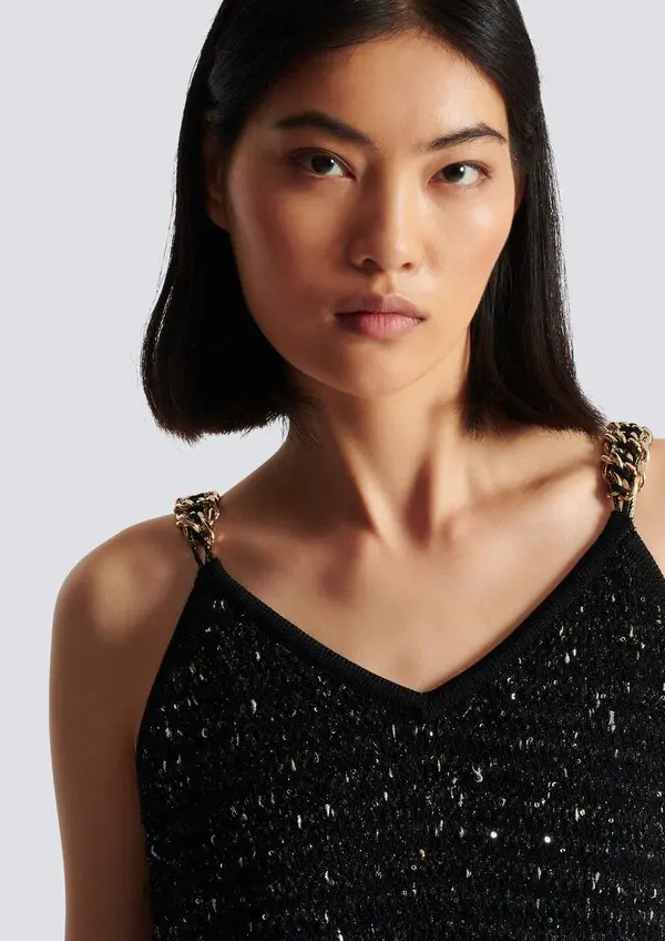 Balmain Chain Strap Lurex Tweed Mini Dress With Fringed Hem