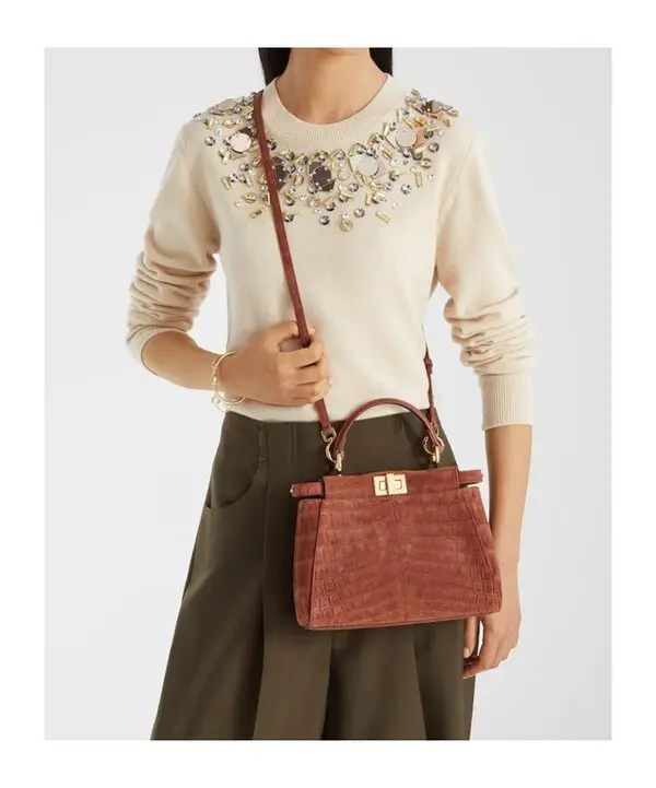 Fendi Sienna Nubuck Crocodile Leather Bag - Brown