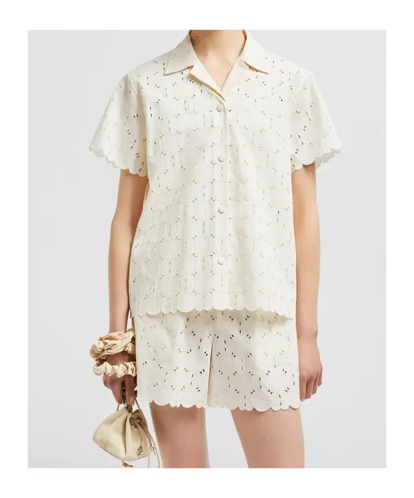 Moncler Broderie Anglaise Geometric Print Short Sleeve Shirt