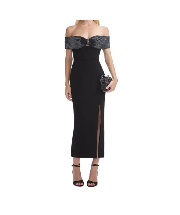 SELF-PORTRAIT Off-shoulder Bow Neckline Crepe Midi Dress