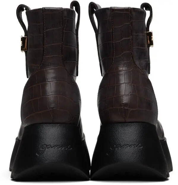 GANNI Crocodile-embossed Platform Ankle Boots - Chocolate-colored