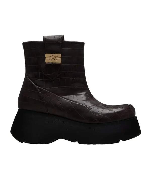 GANNI Crocodile-embossed Platform Ankle Boots - Chocolate