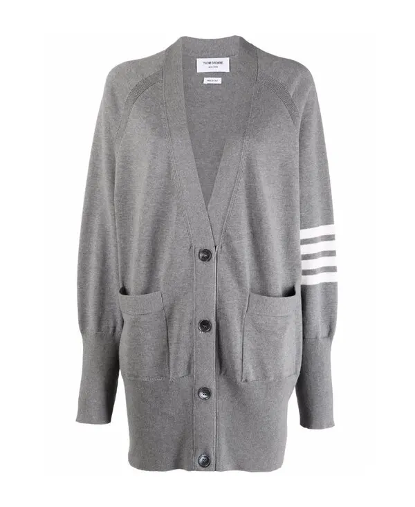 Thom Browne Four-bar Long Sleeve Cardigan - Light Gray