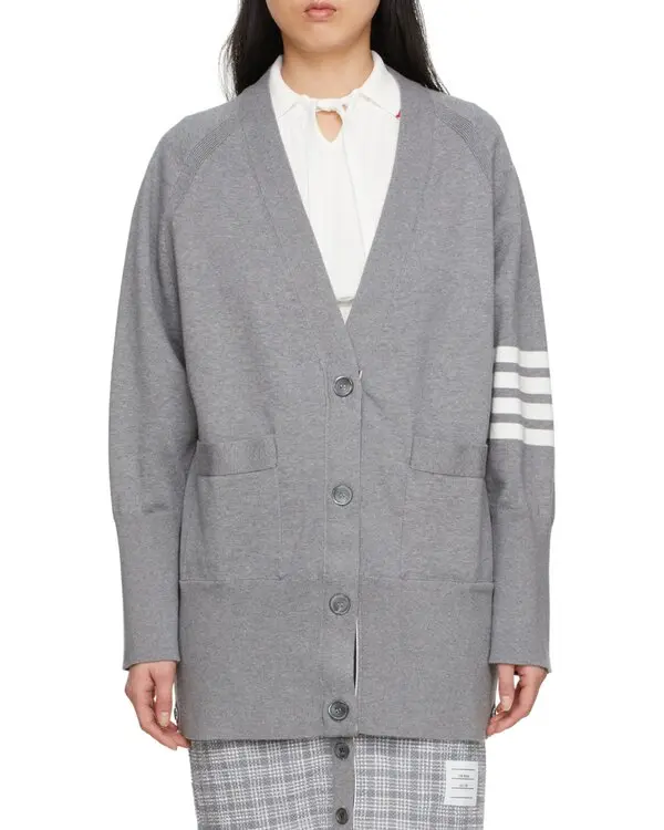 Thom Browne Four-bar Long Sleeve Cardigan - Light Gray