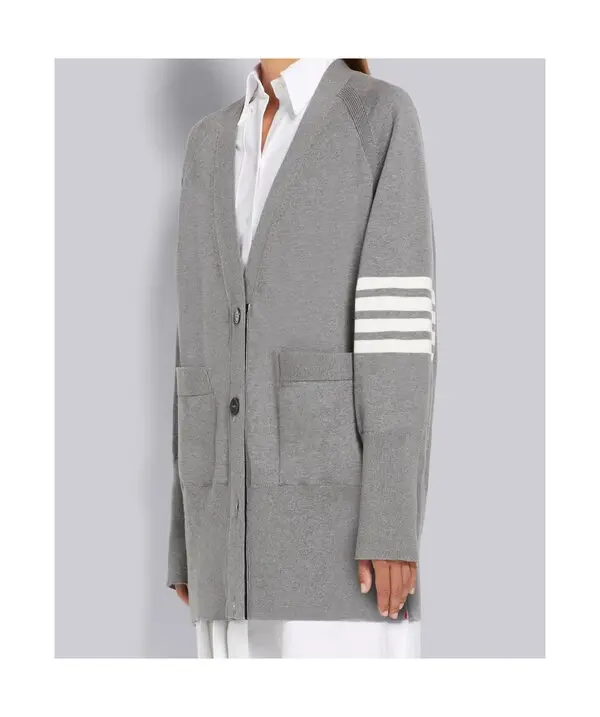 Thom Browne Four-bar Long Sleeve Cardigan - Light Gray