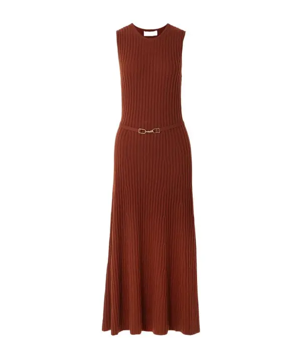 Gabriela Hearst Ribbed Knit Sleeveless Dress With Hardware Belt - Wine Red