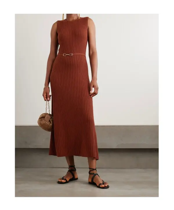 Gabriela Hearst Ribbed Knit Sleeveless Dress With Hardware Belt - Wine Red