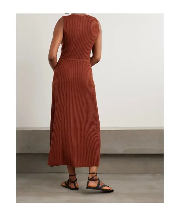 Gabriela Hearst Ribbed Knit Sleeveless Dress With Hardware Belt - Wine Red