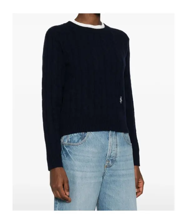SPORTY  RICH Sporty & Rich Cable Knit Logo Detail Crewneck Sweater