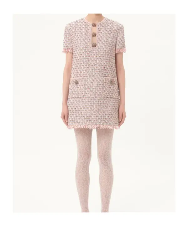 Valentino Garavani Embellished Fringed Edge Ribbon Tweed Dress