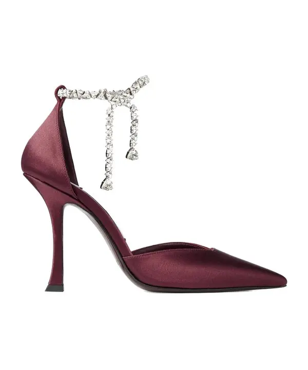 JIMMY CHOO Stevie 100 Satin Pointed Toe Stiletto High Heels With Embellished Ankle Strap - Ruby Red