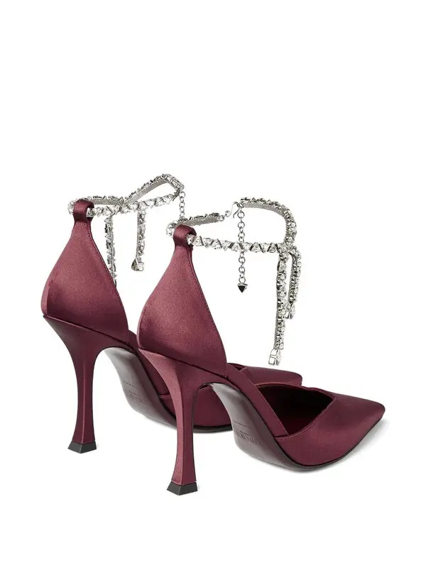 JIMMY CHOO Stevie 100 Satin Pointed Toe Stiletto High Heels With Embellished Ankle Strap - Ruby Red