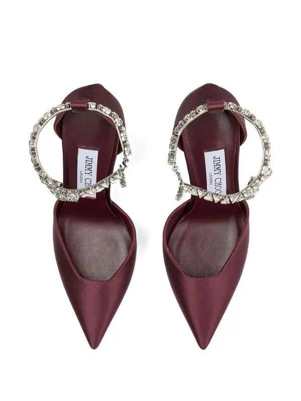JIMMY CHOO Stevie 100 Satin Pointed Toe Stiletto High Heels With Embellished Ankle Strap - Ruby Red