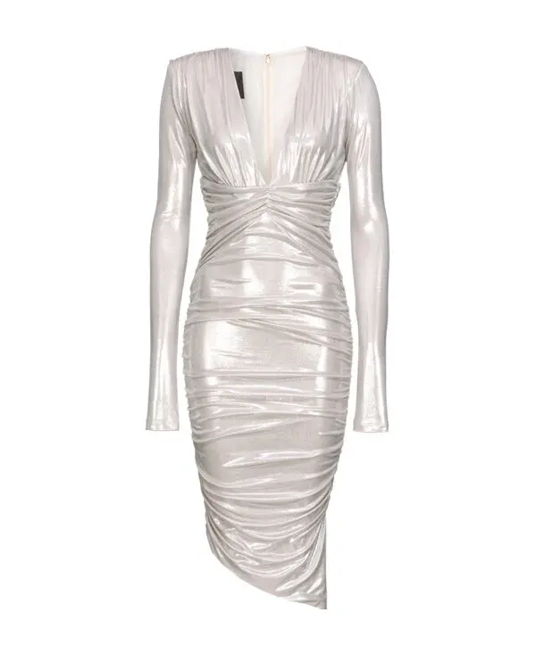 Pinko Asymmetrical Hem Gathered Metallic Midi Dress - White