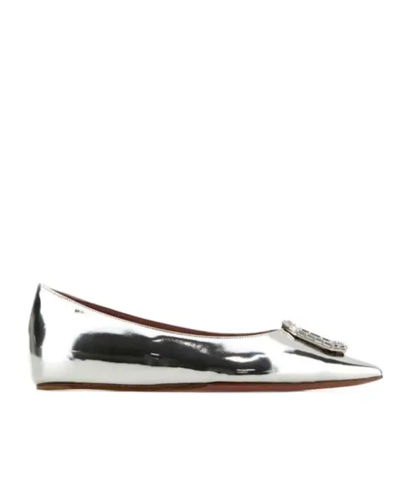 Amina Muaddi Pointed Flat Shoes With Embellished Front - Sliver