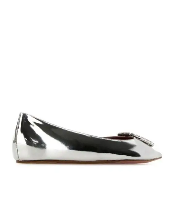 Amina Muaddi Pointed Flat Shoes With Embellished Front - Sliver