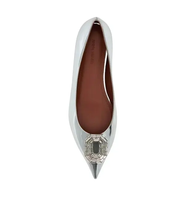 Amina Muaddi Pointed Flat Shoes With Embellished Front - Sliver