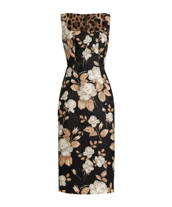 Dolce & Gabbana Rose-print Square-neck Midi Dress - Black