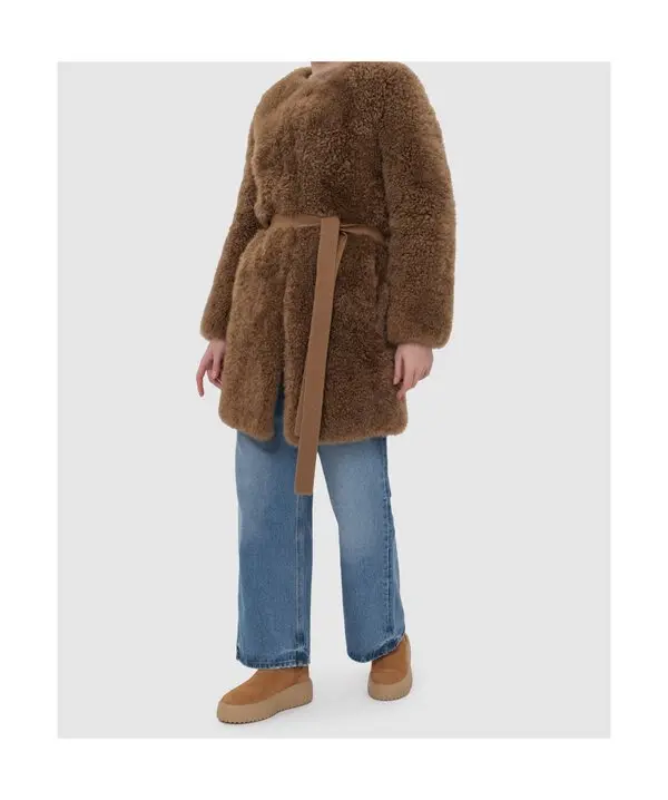 YVES SALOMON Shearling Belted Coat - Brown