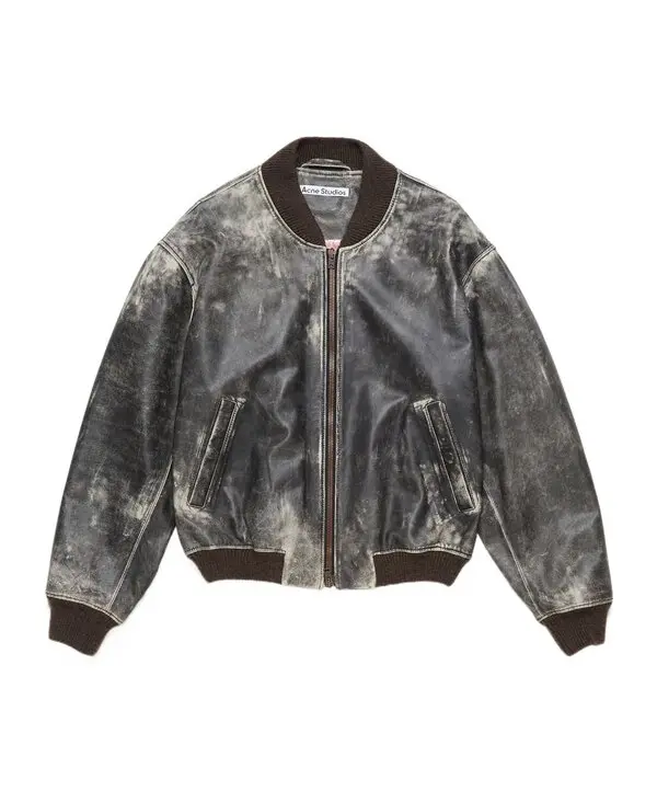 Acne Studios Logo Embossed Faded Leather Bomber Jacket