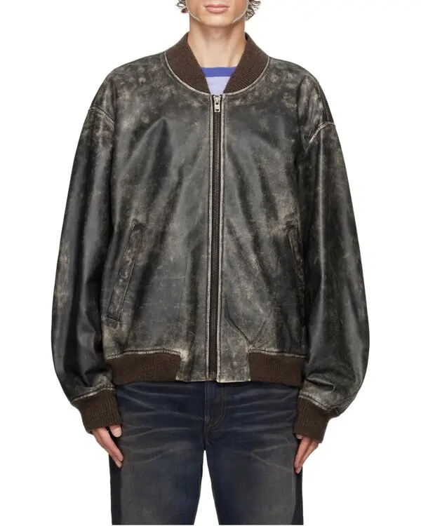 Acne Studios Logo Embossed Faded Leather Bomber Jacket