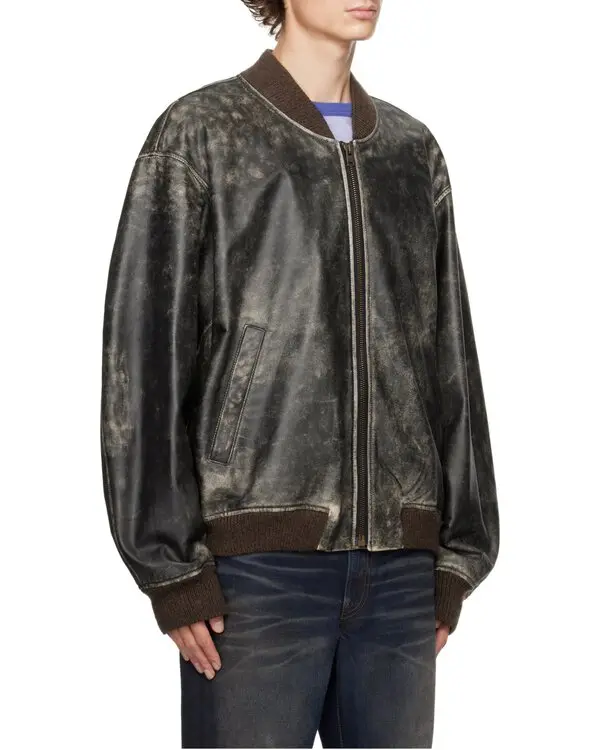 Acne Studios Logo Embossed Faded Leather Bomber Jacket