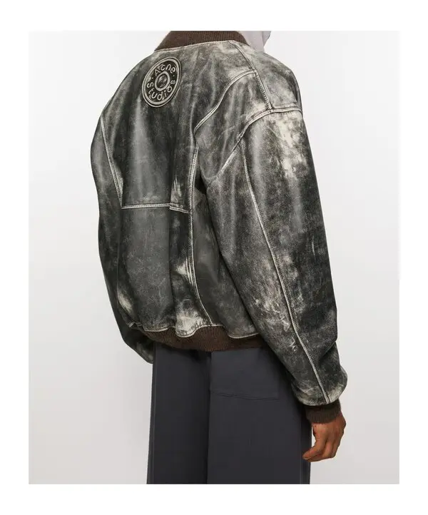 Acne Studios Logo Embossed Faded Leather Bomber Jacket