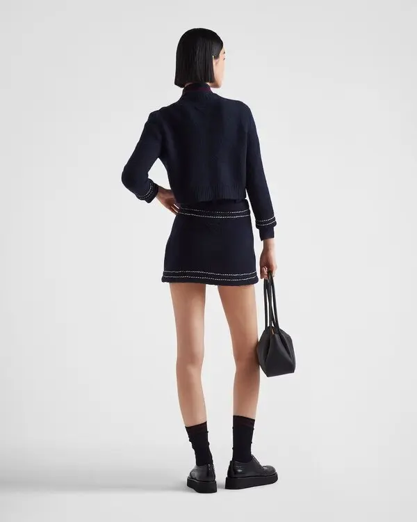 Prada Navy Cashmere Cardigan With Contrast Stitching