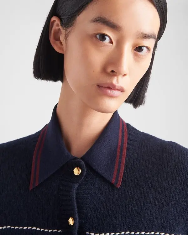 Prada Navy Cashmere Cardigan With Contrast Stitching