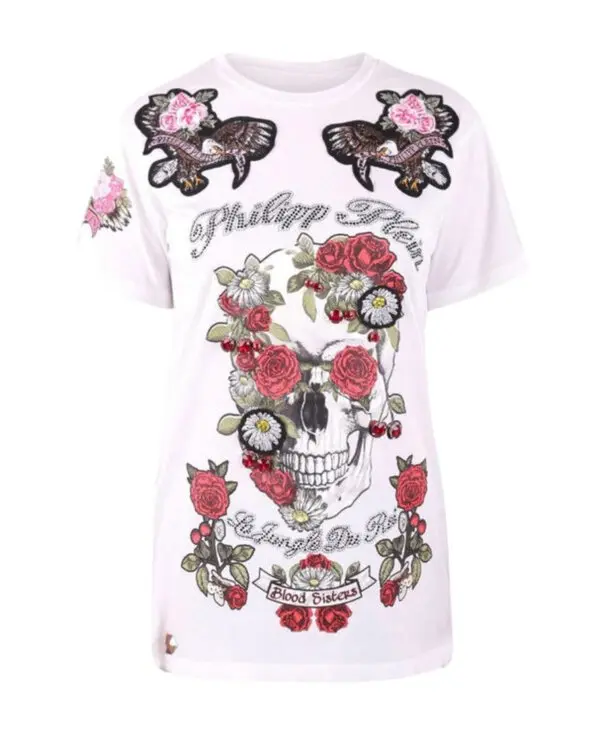 Philipp Plein Embellished Skull & Rose Printed T-shirt - White