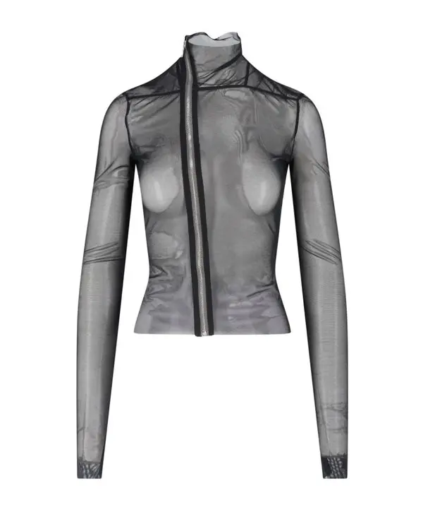 Rick Owens Sheer High Neck Zip-front Long Sleeve Top - Black
