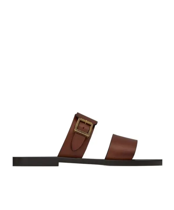 Saint Laurent Smooth Leather Slides With Buckle Detail - Brown