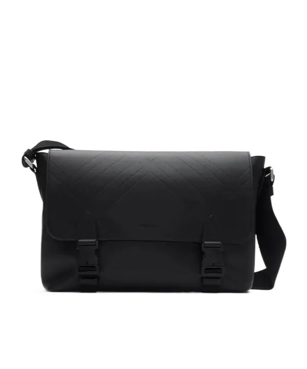 Burberry Embossed Check Buckled Messenger Bag - Black
