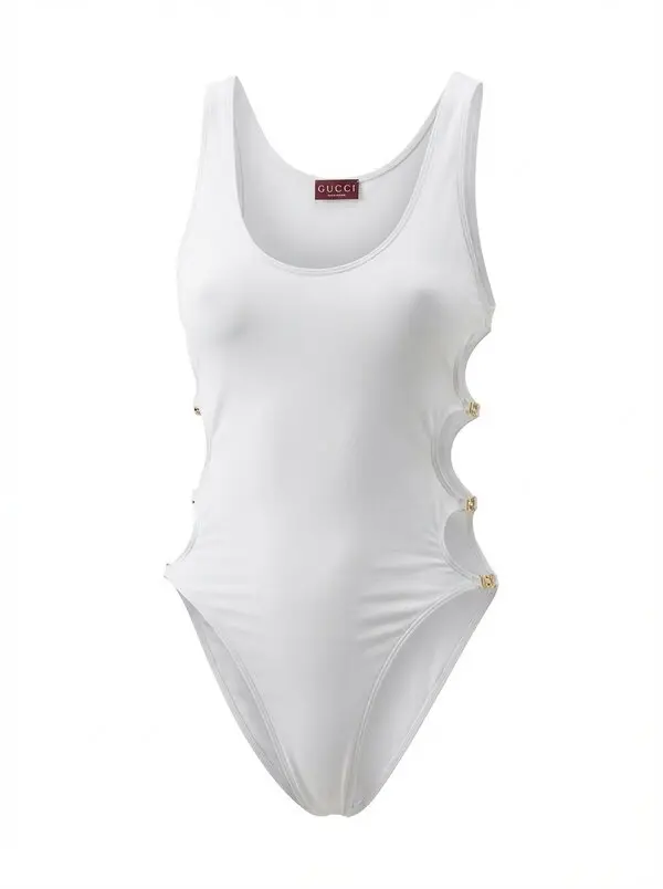 Gucci Sparkling Stretch Jersey Swimsuit With Double G Detail - White