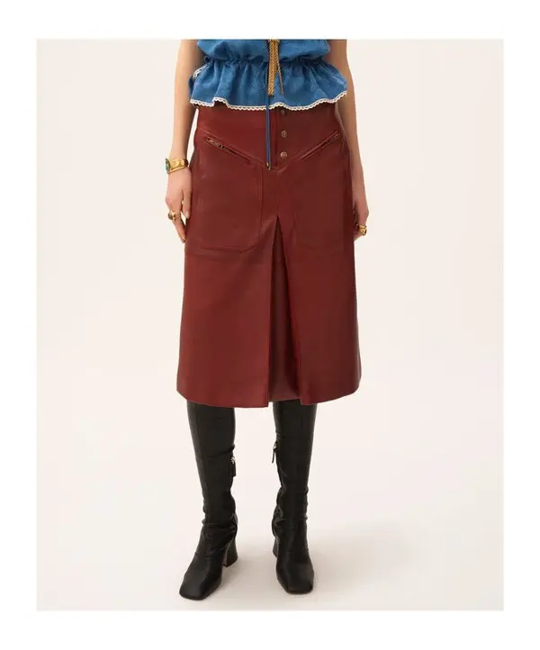 Chloé Knee-length Leather Skirt With Box Pleat And Zipper Pockets