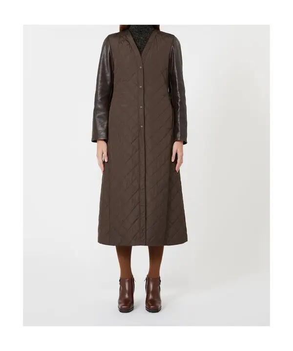 Max Mara Berta Quilted Long Coat With Leather Sleeves