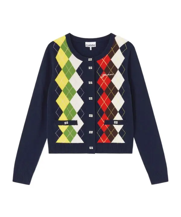 GANNI Argyle Knit Cardigan - Dark Blue