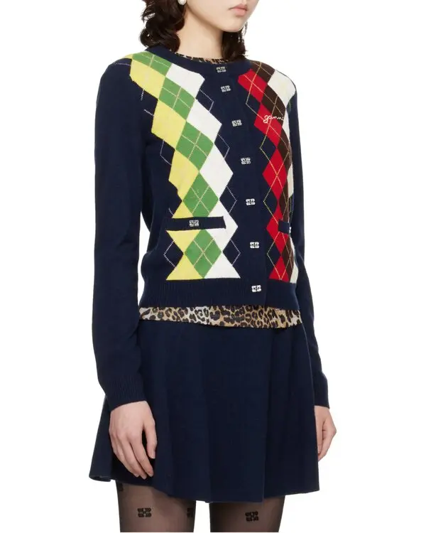 GANNI Argyle Knit Cardigan - Dark Blue