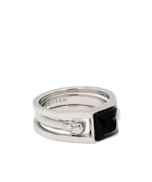 Alexander McQueen Twin Skull Ring With Jet Crystal - Palladium