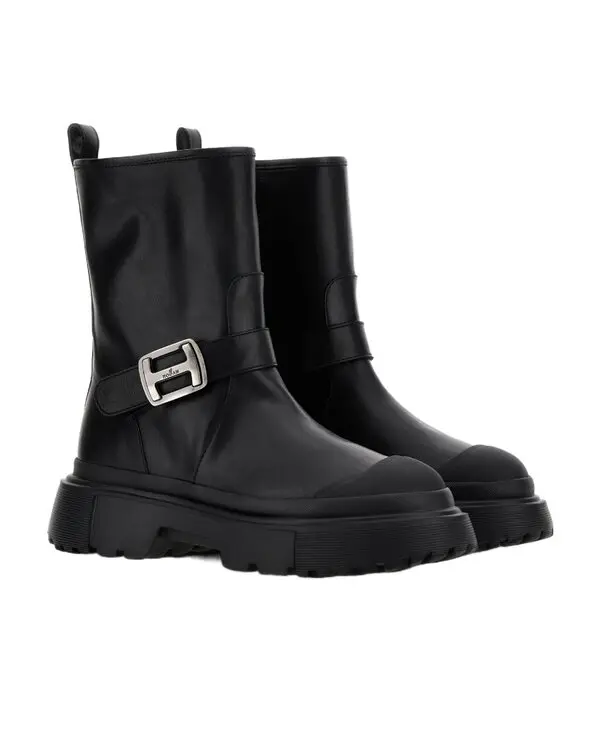 Hogan Logo Buckled Round-toe Boots